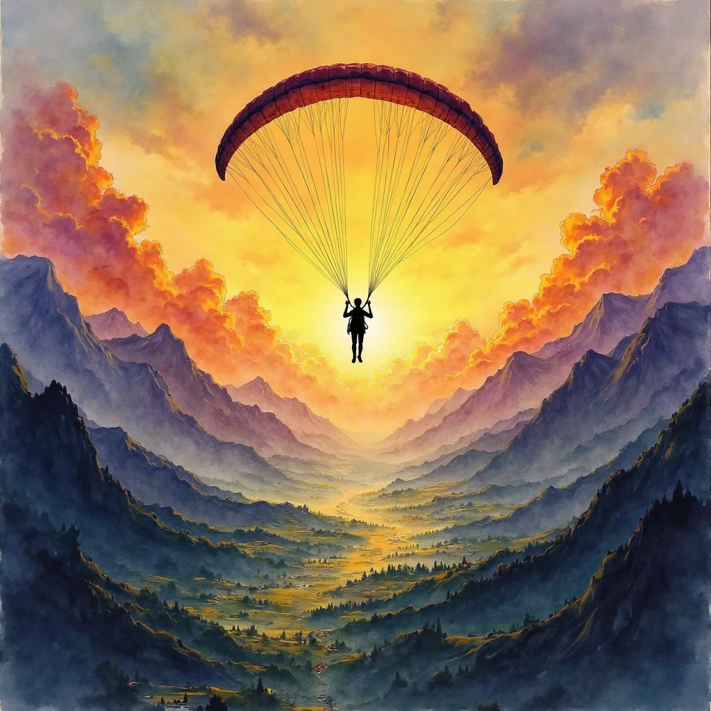 This watercolor image depicts a paraglider suspended in midair over a ...
