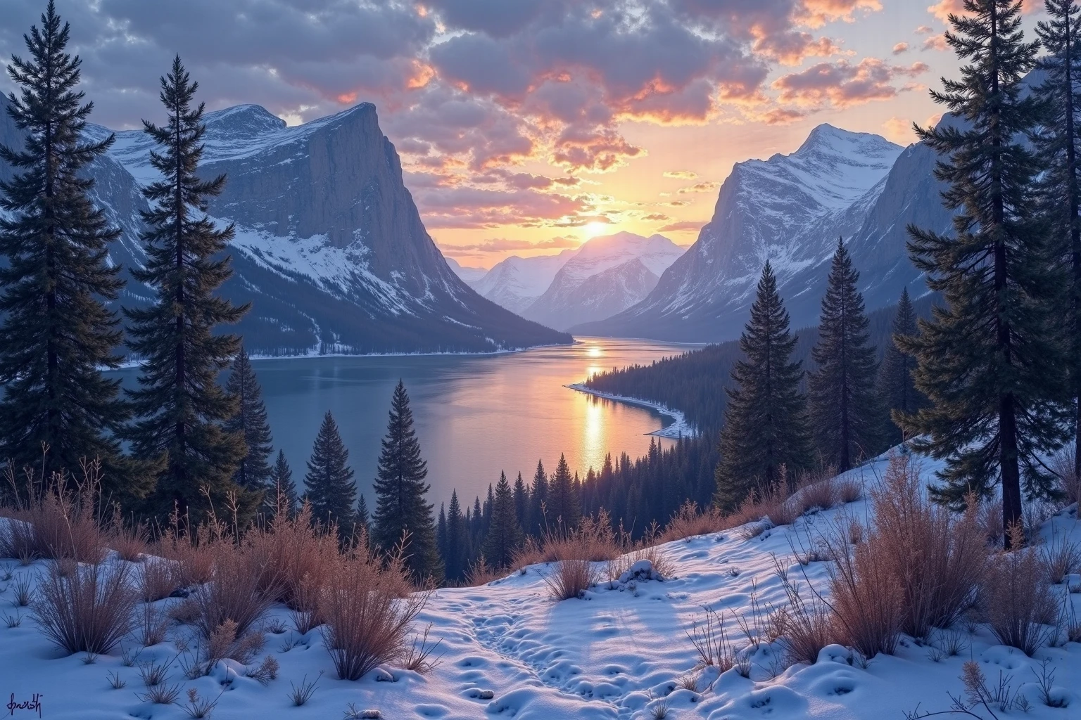 A mesmerizing Scandinavian twilight landscape in the style of Fritz ...