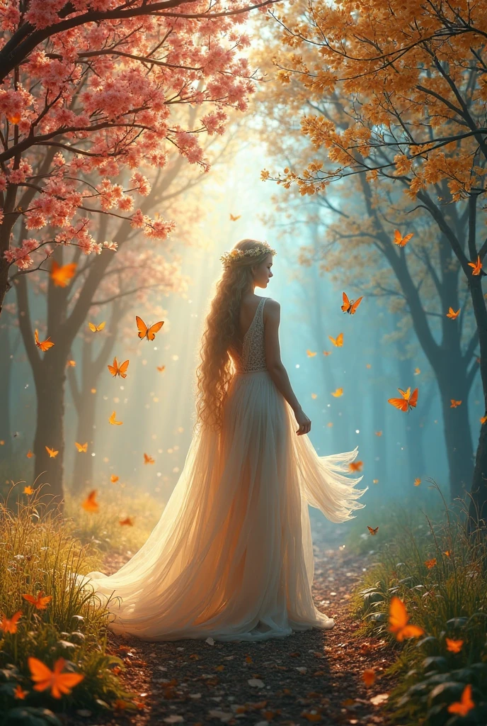 A ethereal scene of Persephone at the moment of seasonal transition ...