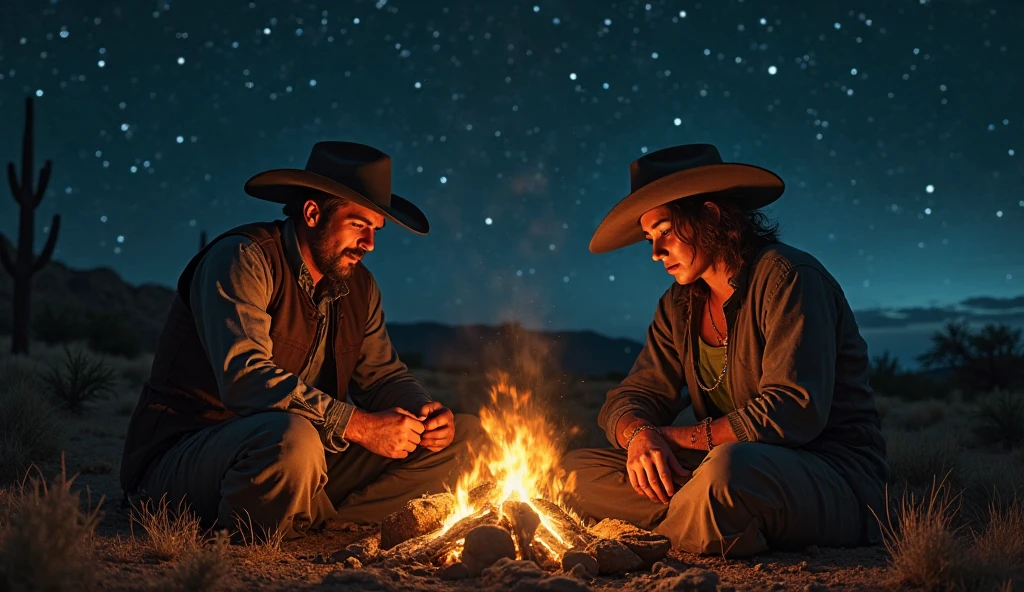 "The cowboy and the woman sit by a crackling campfire under a starlit ...