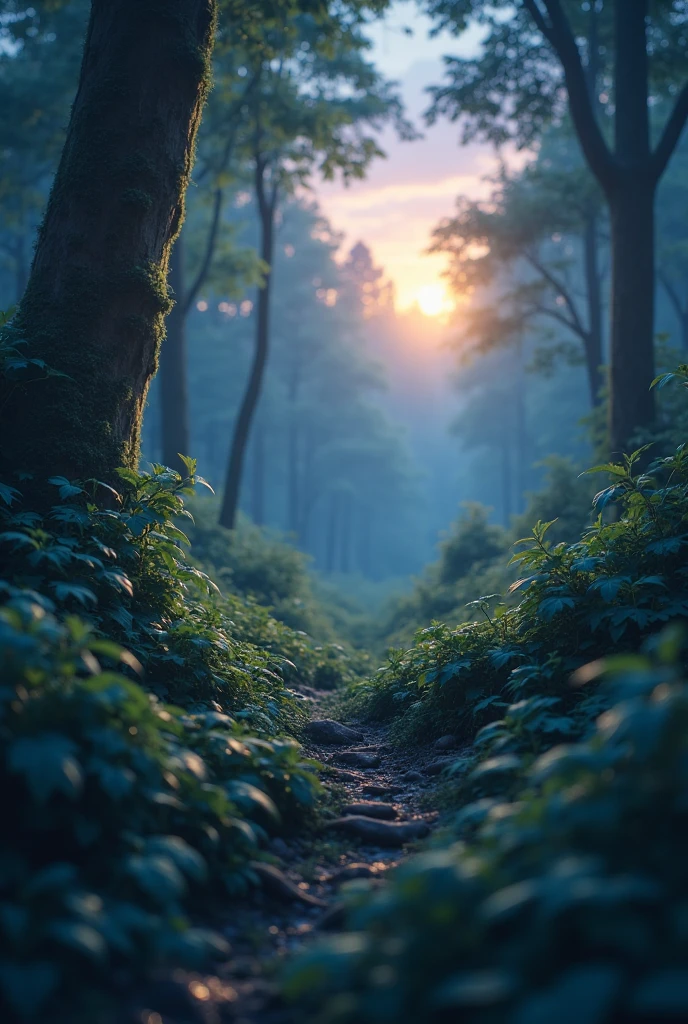 Forest at dusk (The sky is starting to darken and there is a little ...
