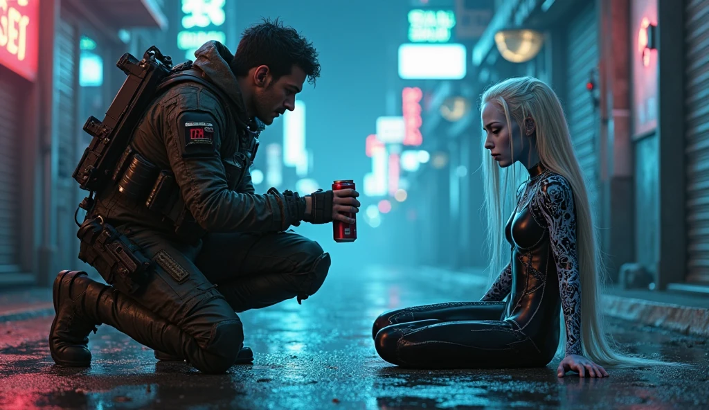 A hyper-realistic scene in a cyberpunk alley at night, with glowing ...