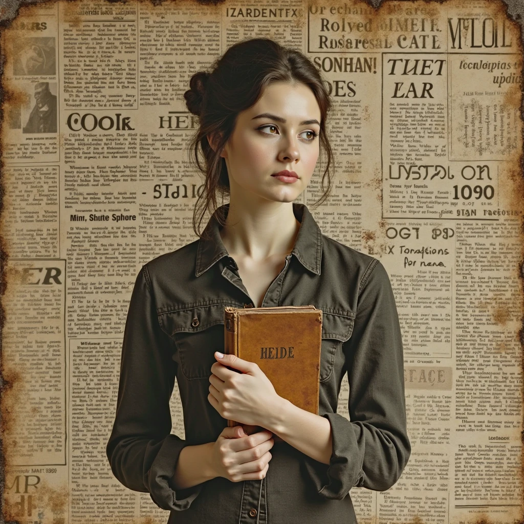 A vintage photo of a woman holding a notebook, overlaid with old ...