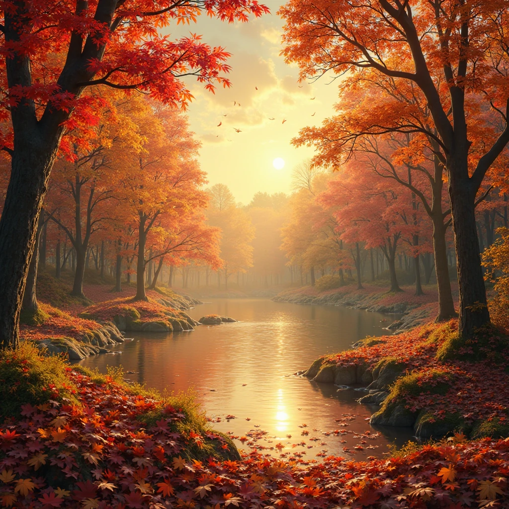 A beautiful golden forest in autumn With a lot of brightness Falling ...