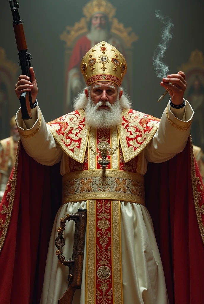 Play the new Pope, Pope Leo XIV, de frente, with both hands raised ...