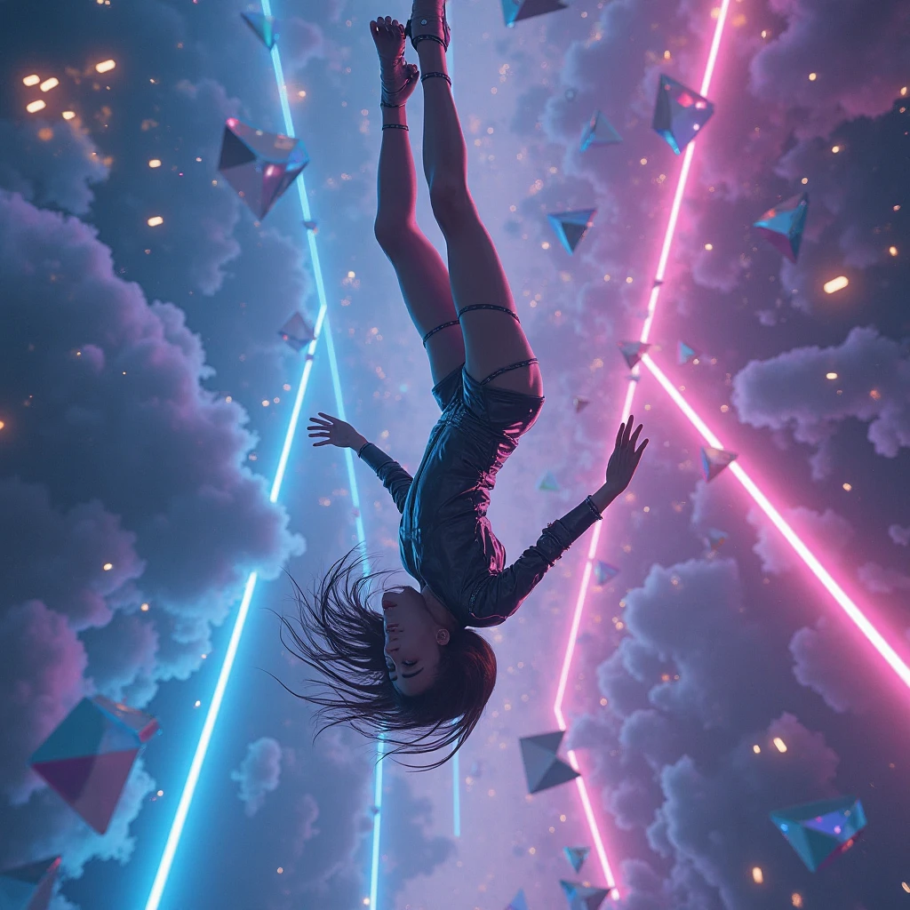 A woman in mid-air, suspended upside down or sideways as if caught in a ...