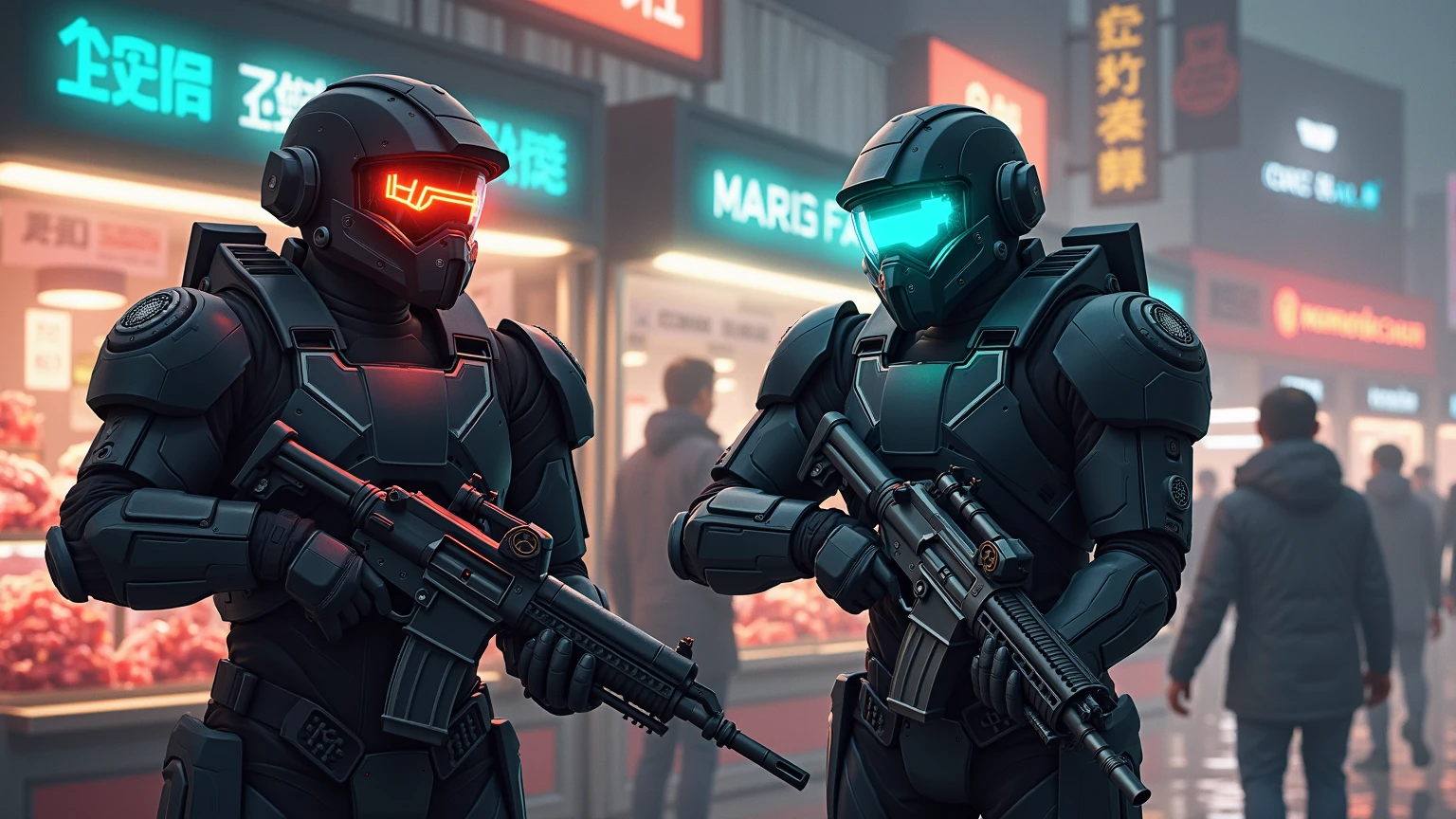Anime, Two armored enforcers in black exosuits with glowing visors ...