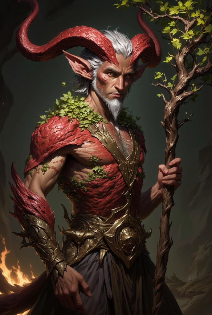 A full-body image of a dnd young, fit male Satyr druid with red ...