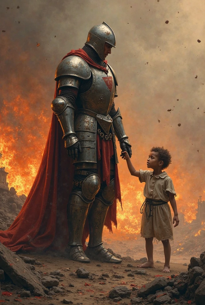 In a destroyed place full of fire, a great knight rescues a skinny ...