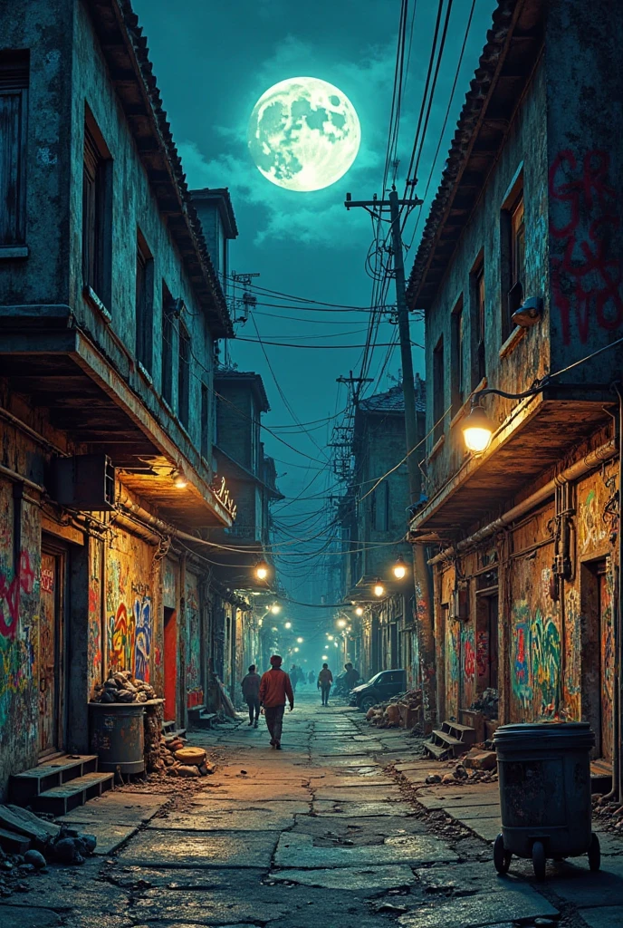 Generate me a pic of ghetto hood street at night. Graffiti in all ...