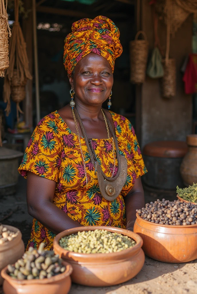 Portrait photography of a dignified Yoruba market vendor, wearing ...