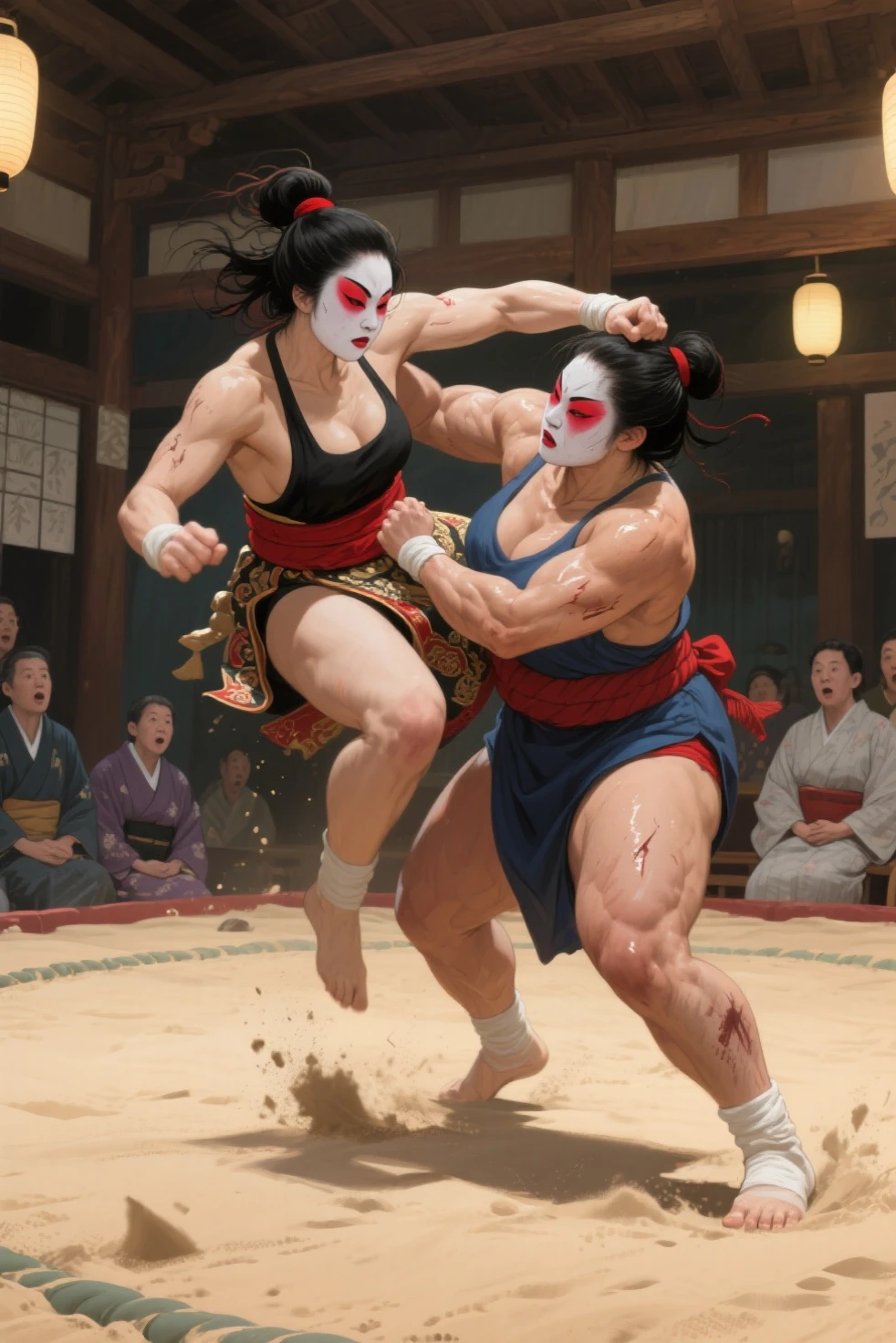 A striking single-panel illustration of a female sumo wrestling match ...