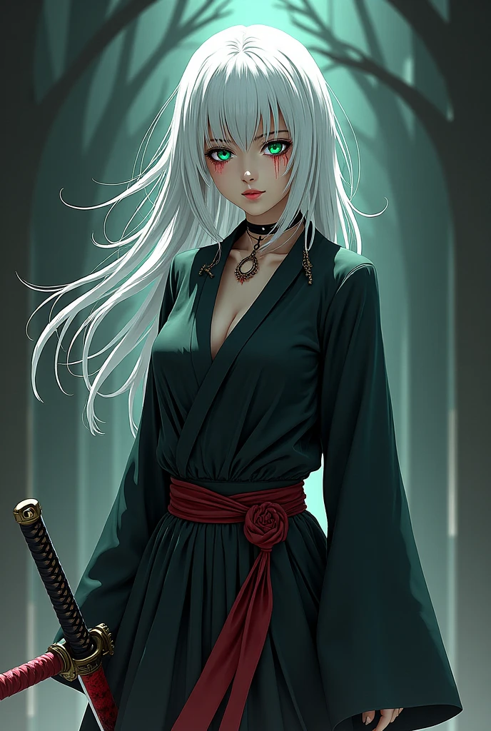 Gorgeous Anime women with white hair and emerald green eyes wearing a ...