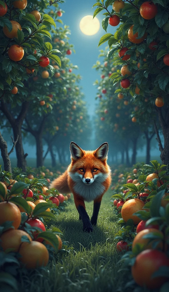 A sneaky fox enters a fruit garden at night. - SeaArt AI