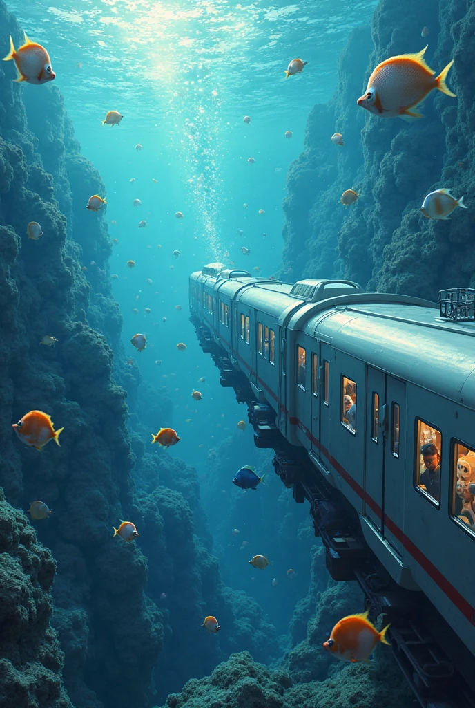 Bullet train walking on the bottom of the sea and fish swimming around ...