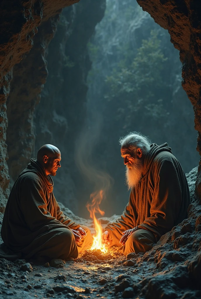 The monk sitting next to a scary old female witch and a fire between ...