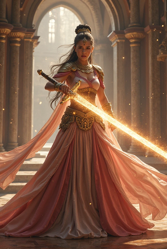 Princess Sana dramatically swinging a shining sword in mid-air - SeaArt AI