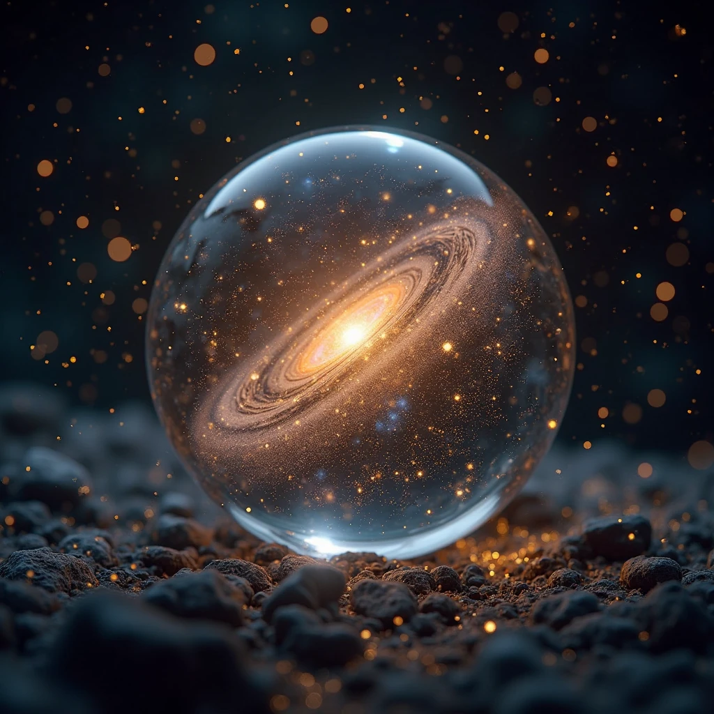 Close-up of a levitating crystal orb with a swirling galaxy inside ...