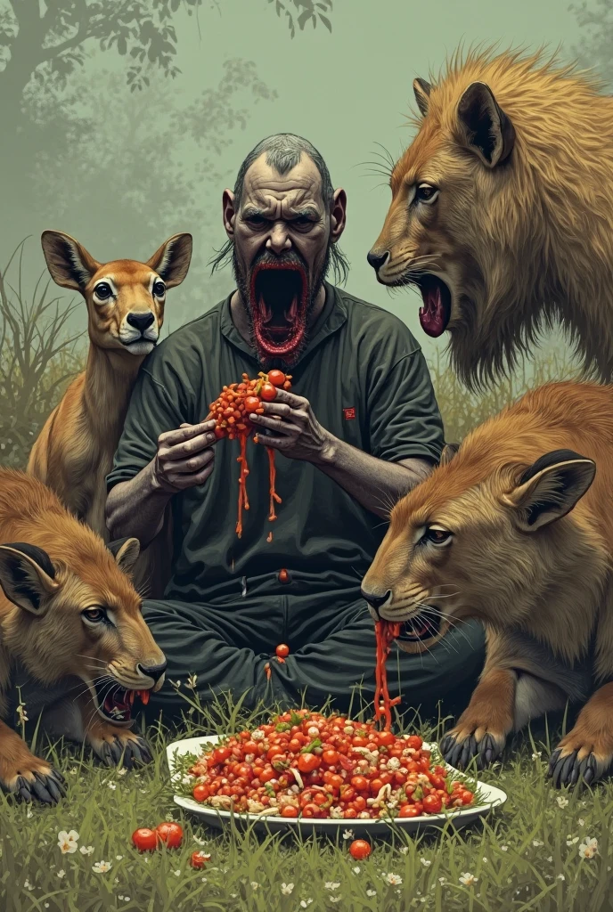 Human eating meat next to a lion by bad way human eating carrots next ...