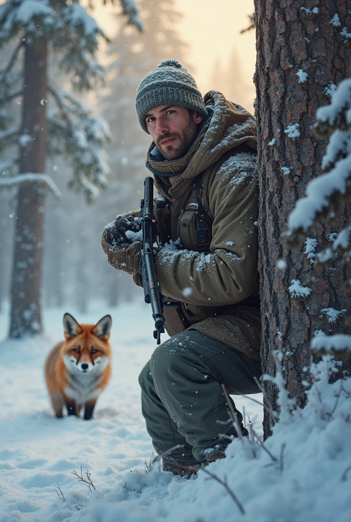 ((winter mountain scene)), snowy landscape, ((1man)), ((hunter with ...