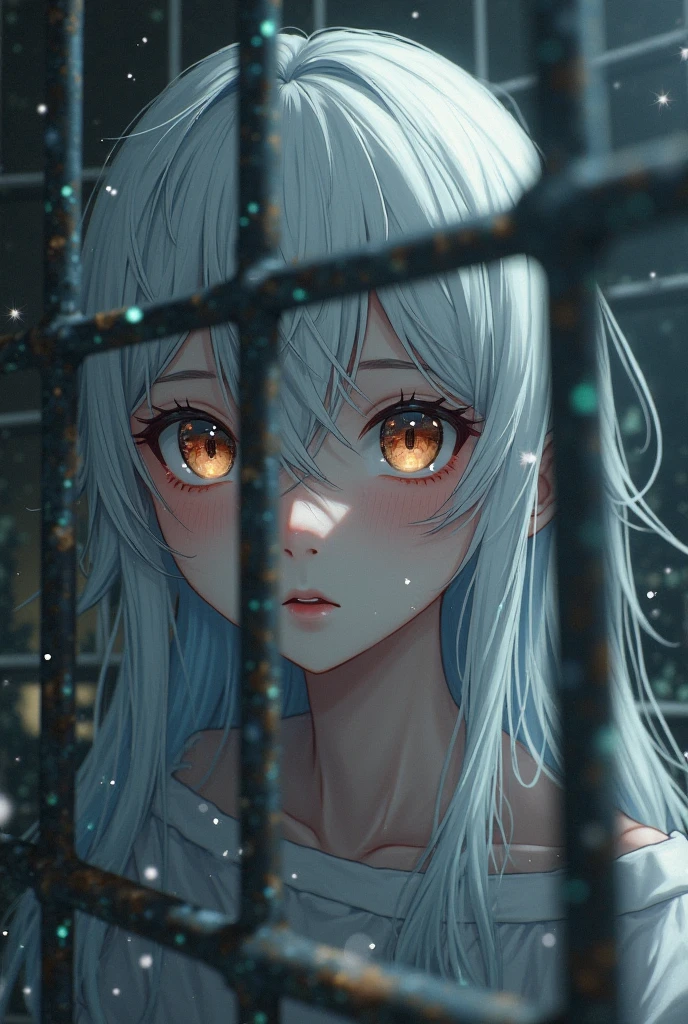 Photo of white haired anime girl in cage looking from the bottom up ...