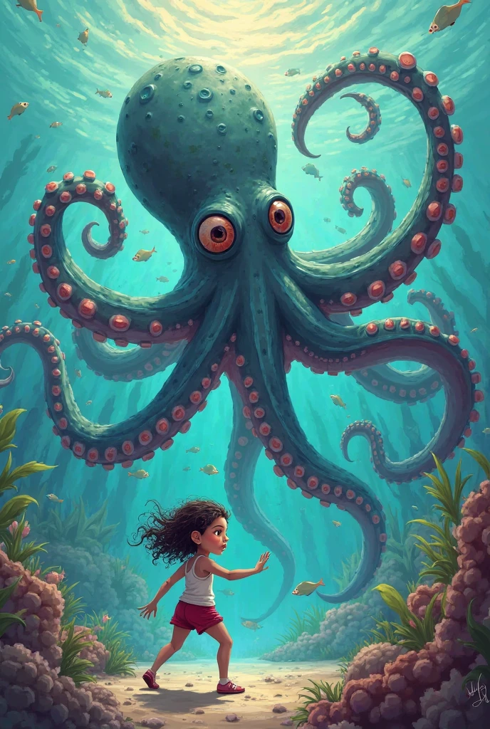 Girl fighting a big tickling octopus - SeaArt AI