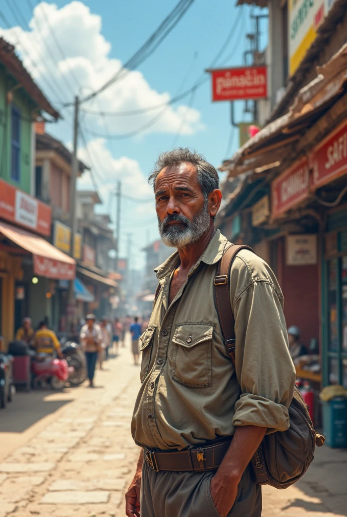 Genarate a man is standing near the road with shop - SeaArt AI