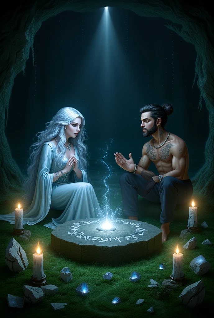 A mythic, romantic scene set in an ethereal sacred cave hidden behind a ...
