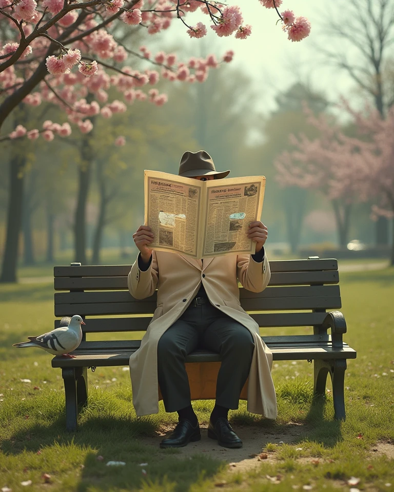 A mysterious spy in a beige trench coat sits alone on a park bench from ...