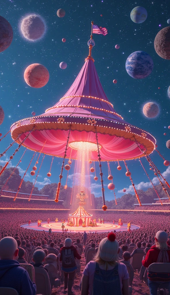 "A giant space-top tent floats in zero gravity, filled with alien ...
