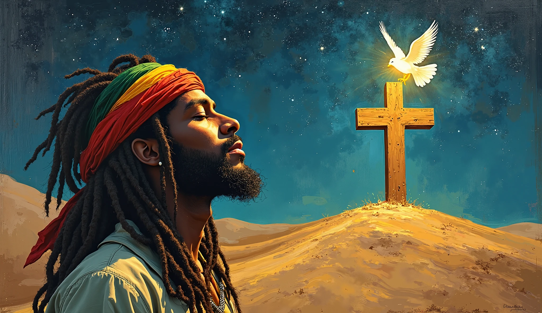A close-up abstract painted portrait of a peaceful Rastafarian man with ...