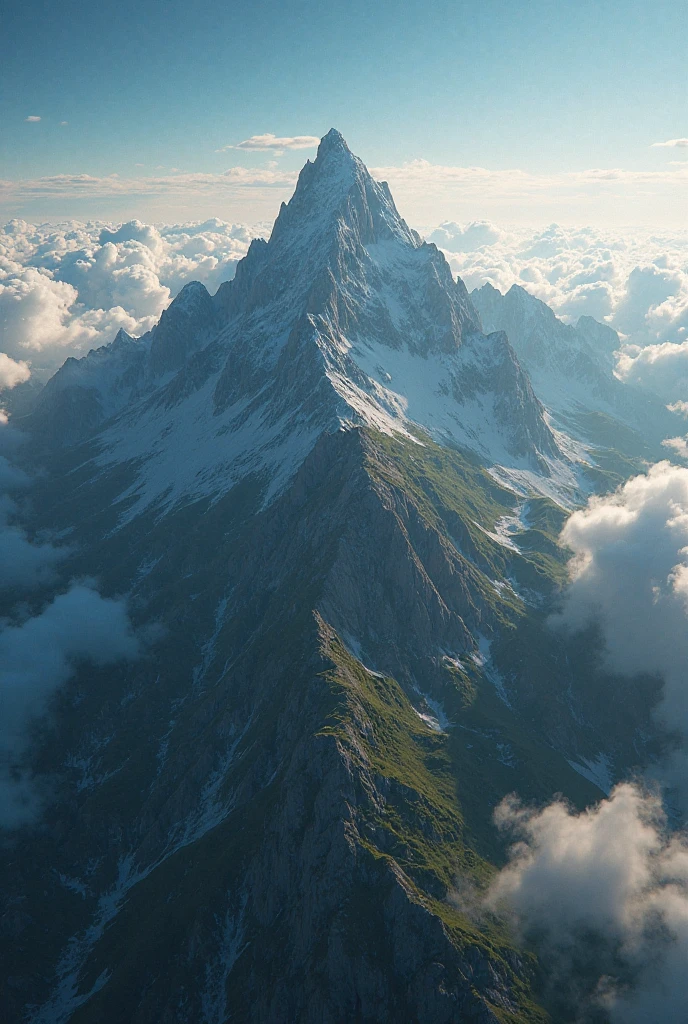Cinematic earth zoom out starting from the top of a majestic mountain ...