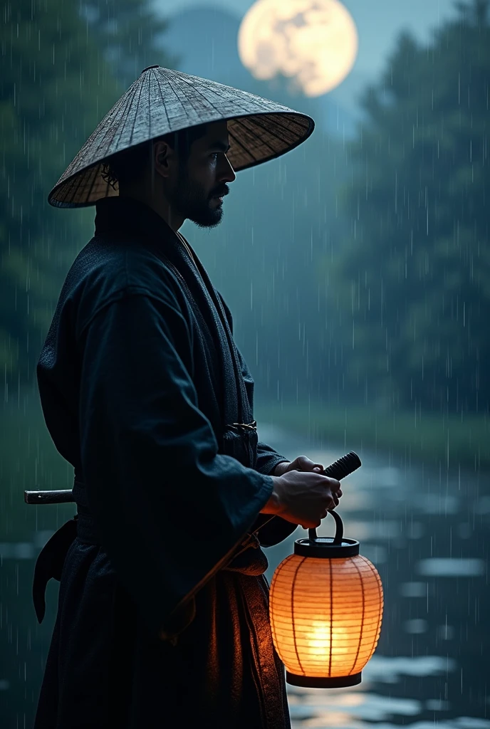 Man 30age A dark dignified samurai sting in the rain, Wear a ...