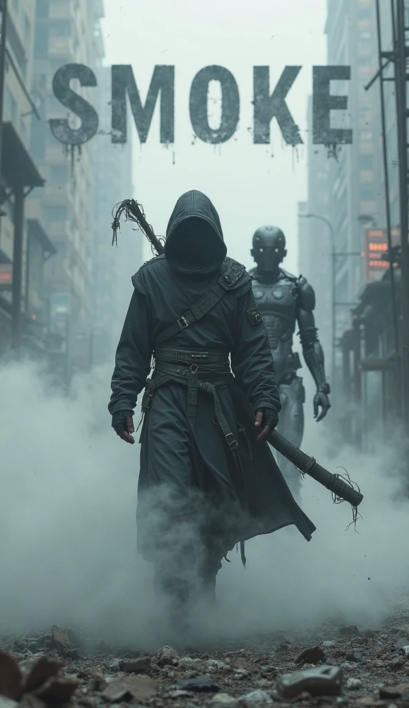 Smoke emerges from thick gray mist in a destroyed cyber city - SeaArt AI