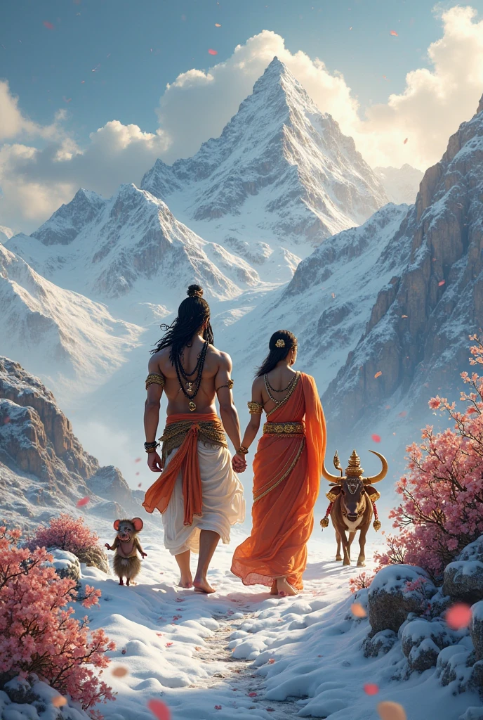 Majestic Himalayan scene, Lord Shiva and Goddess Parvati walking ...