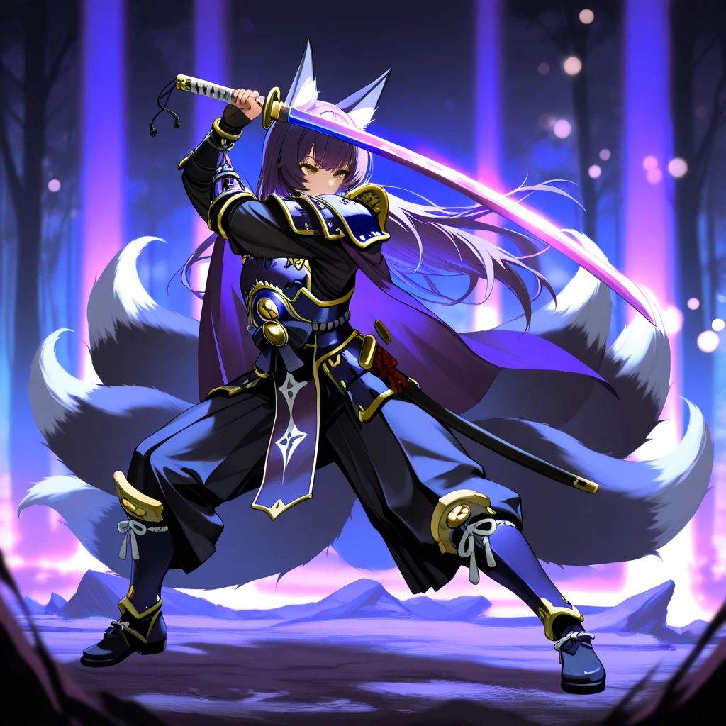A woman wearing samurai armor, dark violet blue armor with yellow ...