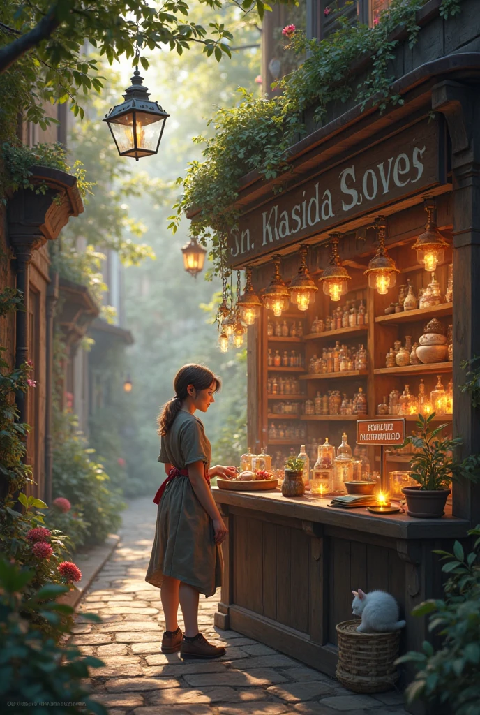A whimsical scene of everyday magic, a corner store in a quiet alley ...