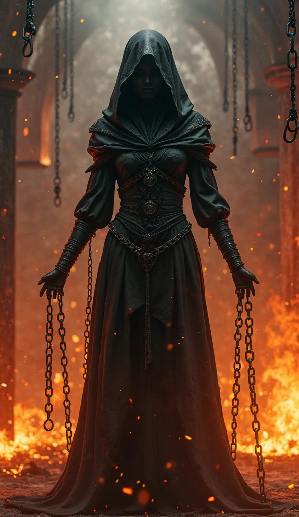 Composition: Full-length portrait of a hooded, shadowy woman standing ...