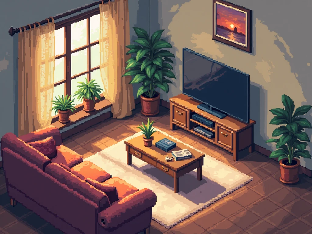 16-bit pixel art style, cozy living room interior, warm afternoon ...