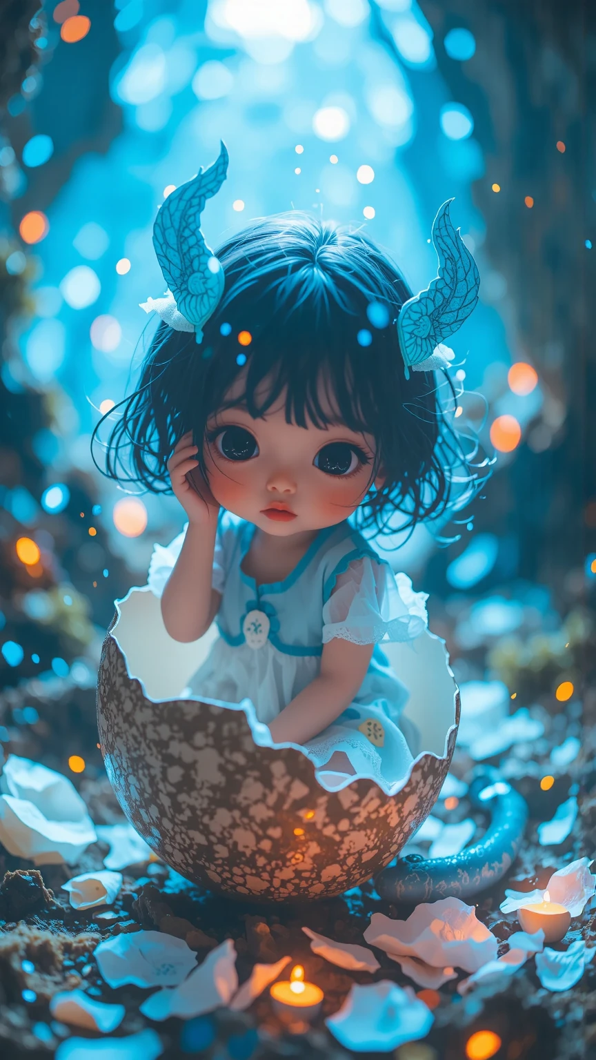 A chibi-style semi-realistic girl hatching from a large, glowing dragon ...