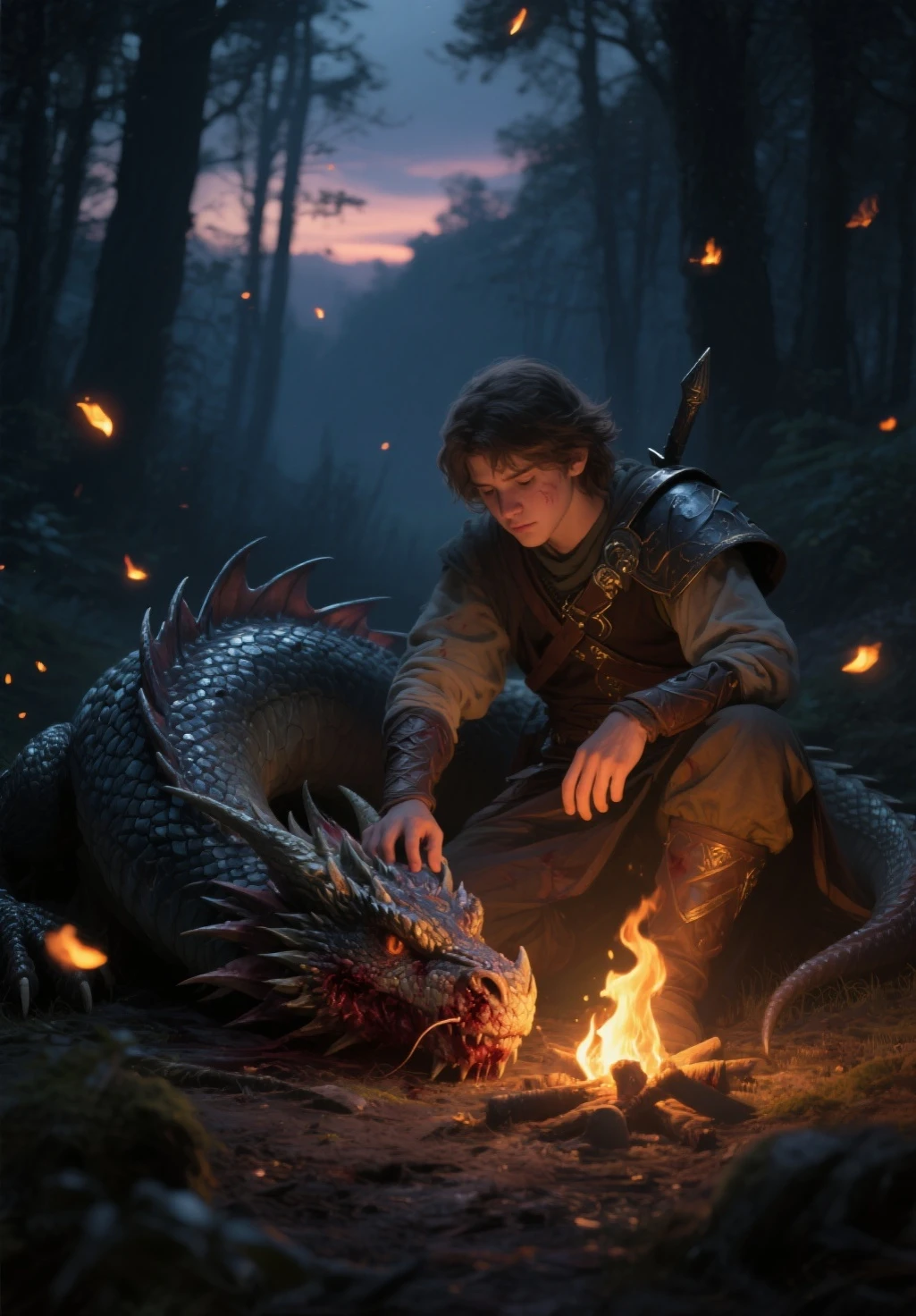 In a dimly lit forest at dusk, a young warrior rests beside a wounded ...