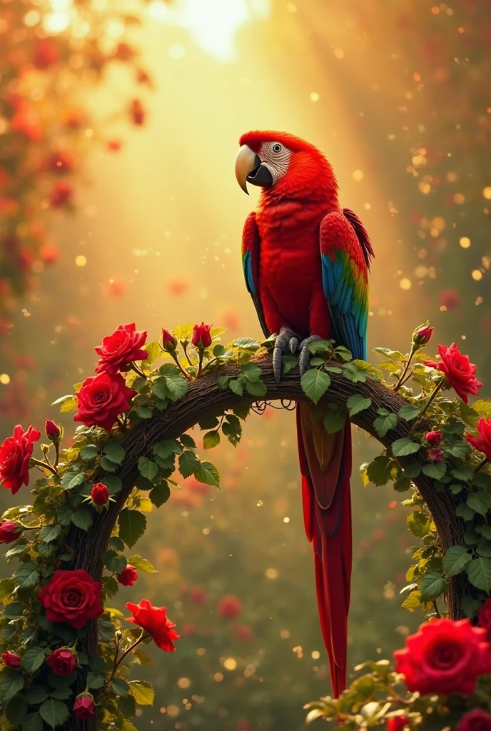 Ruby Red Parrot on Vine Arch – Golden Garden Aura ((high-resolution 8k ...