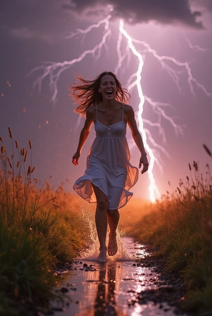 A beautiful young woman running barefoot through a dramatic summer ...