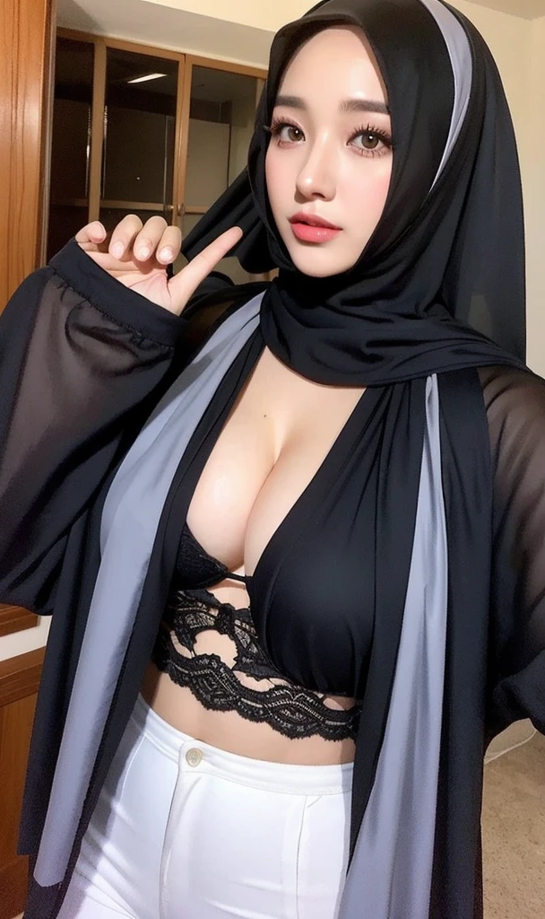 Araffe woman in a black hijab laying on a bed - SeaArt AI