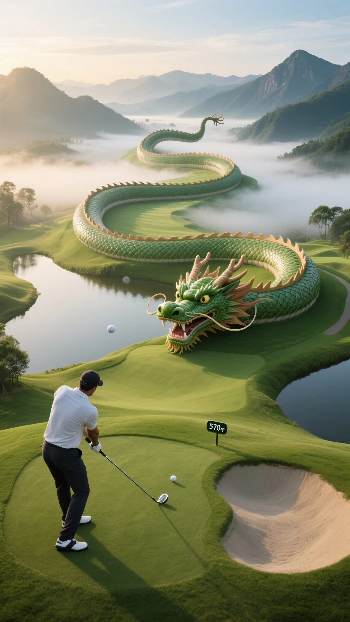 Tee shot scene on a grand golf course designed in the shape of a dragon ...