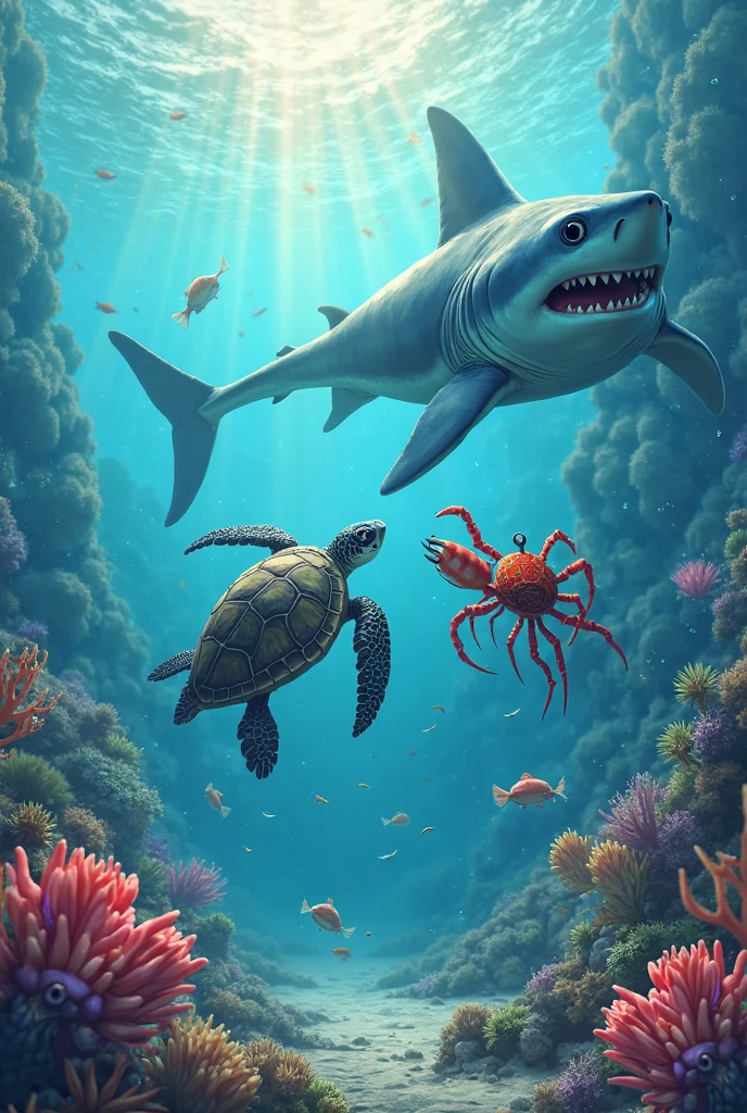 Shark plays with a turtle in the sea , crab and kraken swim nearby - SeaArt AI