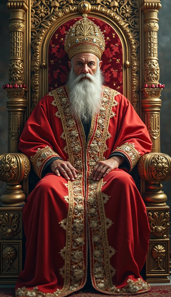 The prophet Suleiman wears the red robe and the crown on his head and ...