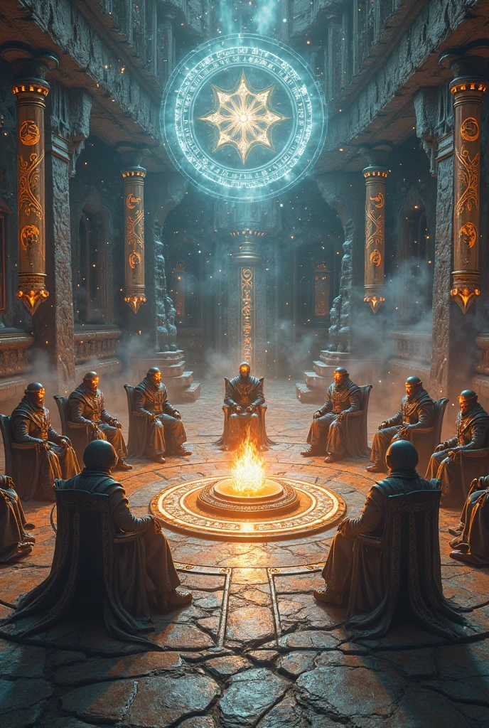 An ancient celestial hall floating in the void of space, forged from ...