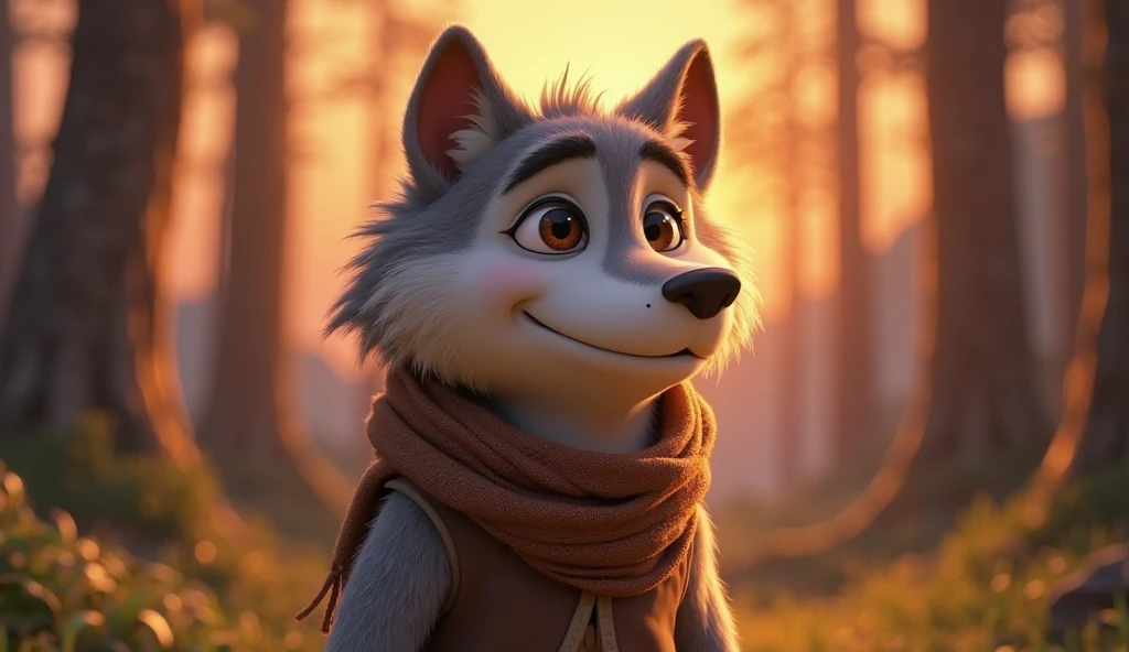 A 3D cartoon-style anthropomorphic wolf named Rady, standing calmly in ...