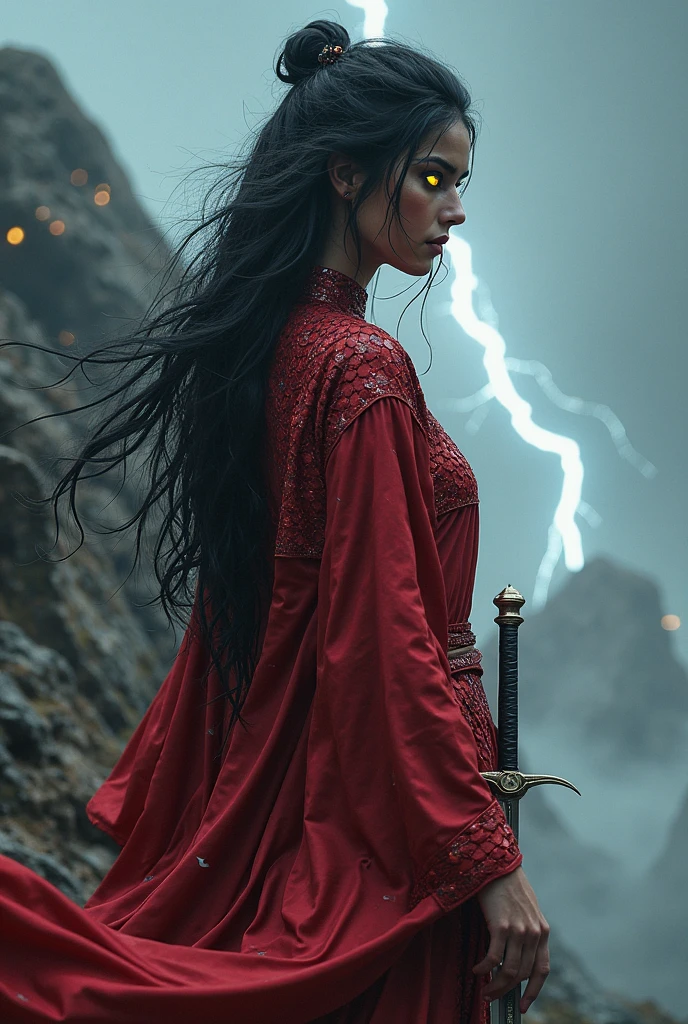(realistic style), full-body female dragon heir, wearing ceremonial red ...